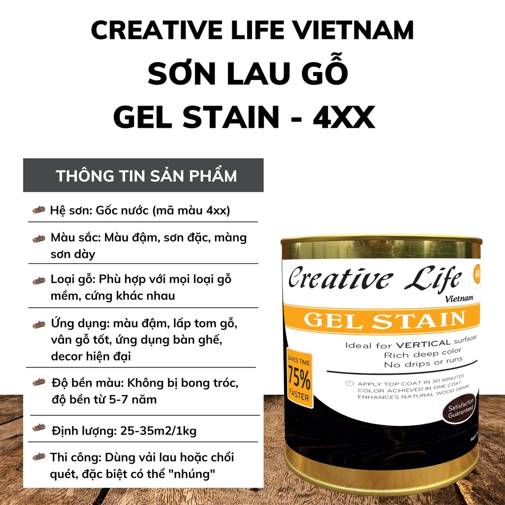 (Có sẵn) Gel Stain 800g - Sơn lau màu cho gỗ gốc nước Creative Life ...