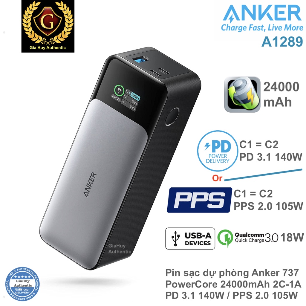 Pin sạc dự phòng ANKER 737 PowerCore 24000mAh 2C-1A 140W PD 3.1 / PPS 2.0, màn hình hiển thị LED ...