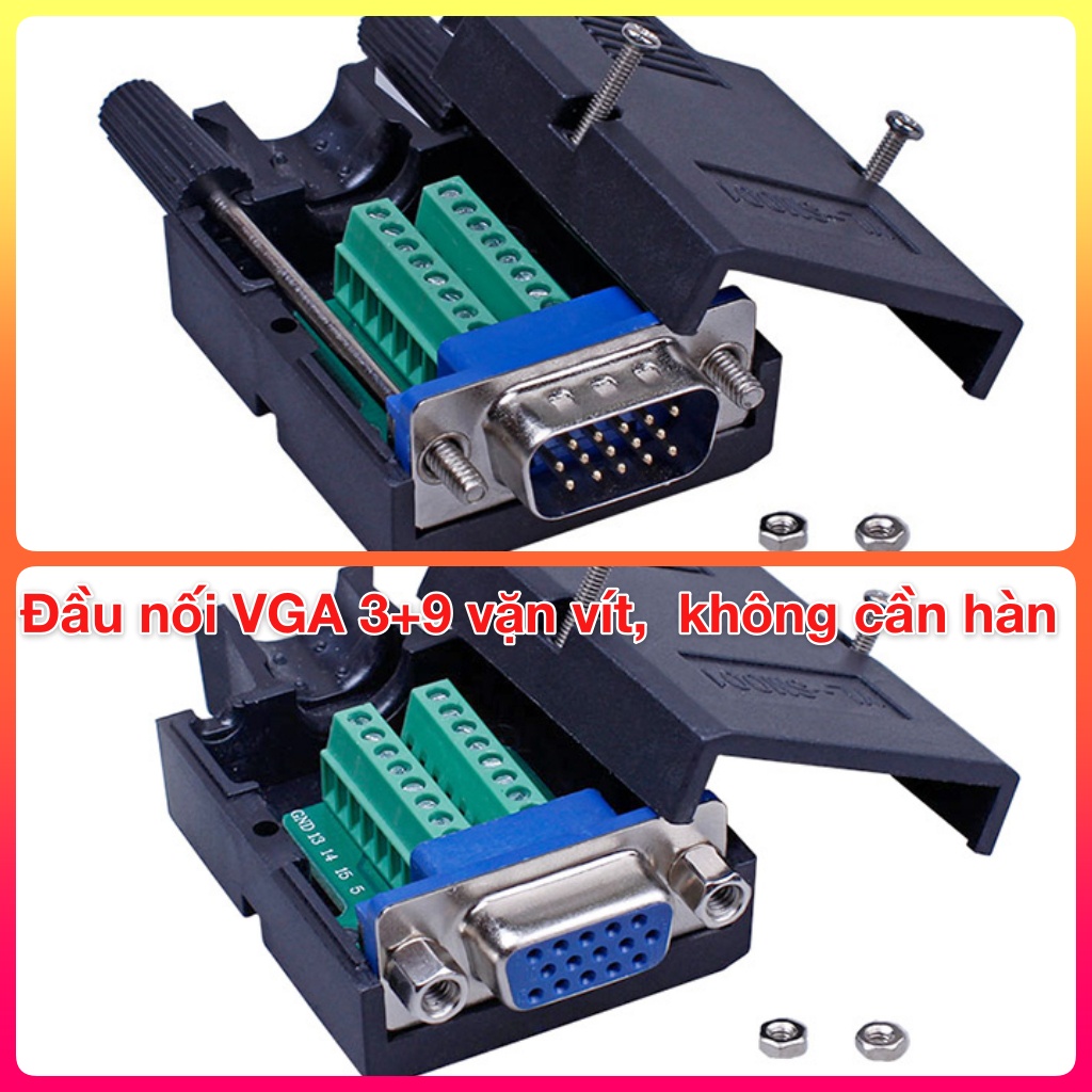 Đầu hàn DSUB DB15 VGA 3+9 đủ 15 chân Đực, Cái vặn vít, không cần hàn cho máy tính, PLC, Công ...