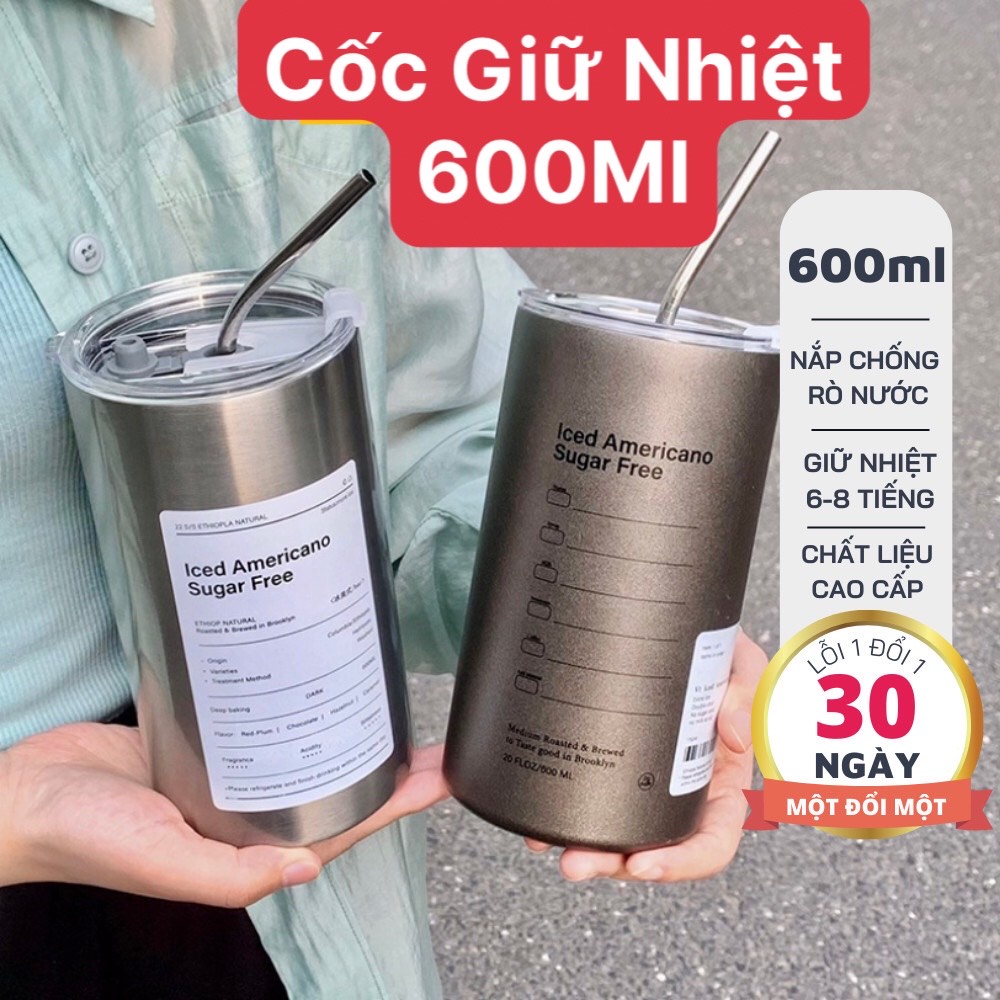 Ly Giữ Nhiệt Iced Americano Inox 304 600ML Cao Cấp Không Gỉ, Cốc Uống Nước Giữ Nhiệt Có Ống Hút ...