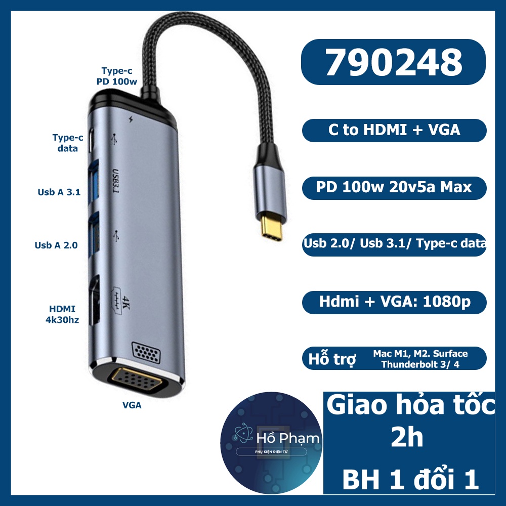 Hub usb type c cho mac m1, laptop thunderbolt 3/ 4 ra cổng HDMI + VGA ...