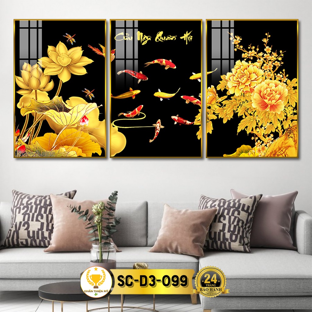 Tranh Treo Tường Decor Bộ 3 Hoa Sen Cá Chép Tráng Gương CHÂN THIỆN MỸ, Quà Tân Gia, Trang Trí ...