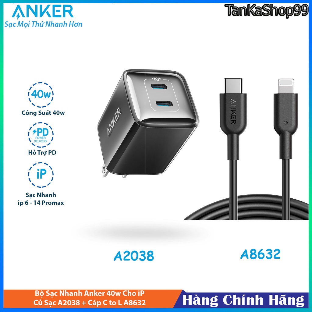 Bộ Sạc Anker 40w A2038, 2 Cổng USB-C + Cáp C to L A8632 Sạc Nhanh Cho ...