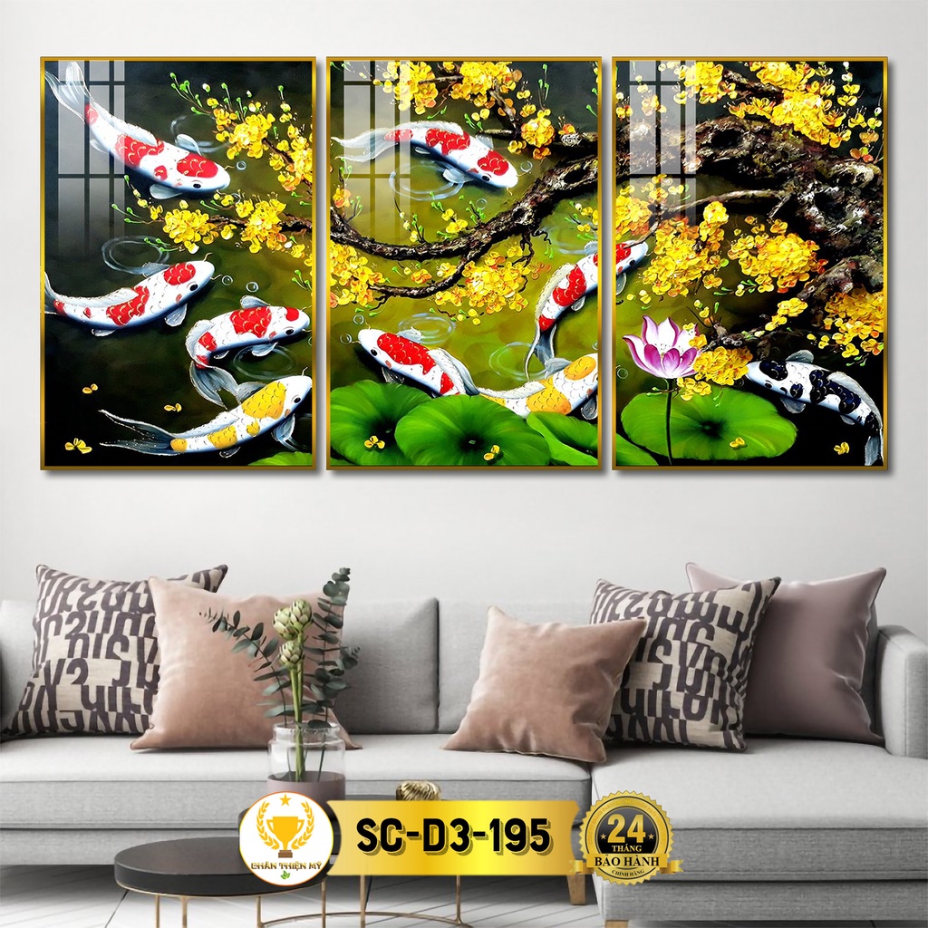 Tranh Decor Treo Tường Tráng Gương Bộ 3 Hoa Sen Cá Chép CHÂN THIỆN MỸ, Quà Khai Trương, Trang ...