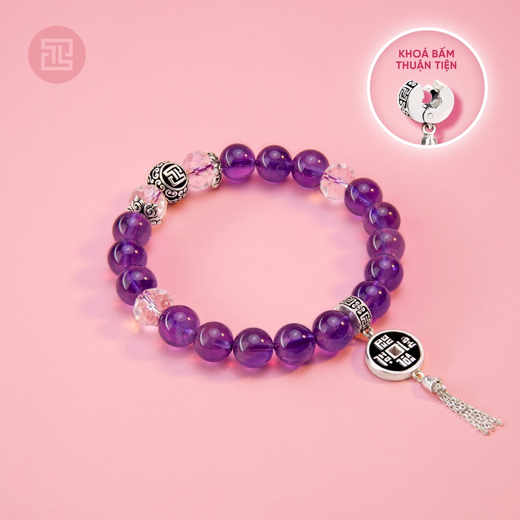 TINH LÂM Vòng Tay Phong Thủy Đá Thạch Anh Tím 3A 8 Li - Charm Đồng Tiền ...