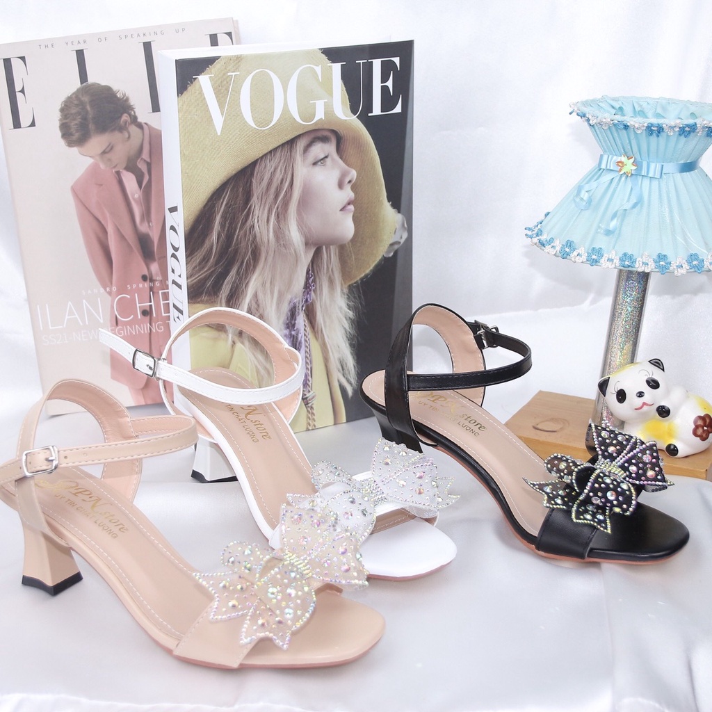 Giày sandal nữ cao gót kiểu 5p quai ngang kết nơ đính đá lấp lánh SD68 ...