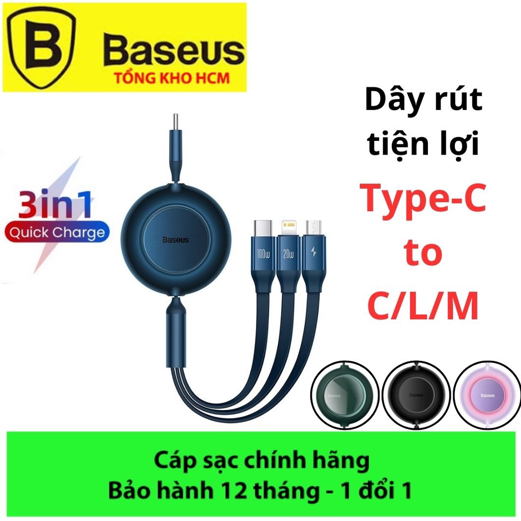 Cáp sạc nhanh dây rút 3 đầu Baseus Bright Mirror 3in1 Retractable 66W/100W (Type C to C/L/M, PD ...