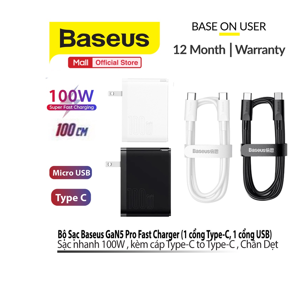 Bộ sạc nhanh Baseus GaN5 Pro Fast Charger C+U 100W kèm cáp sạc Type-C to Type-C dài 1m , chân ...