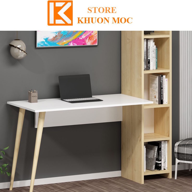 Bàn học làm việc kèm kệ sách , Bàn gaming chân gỗ tự nhiên mặt gỗ công ...