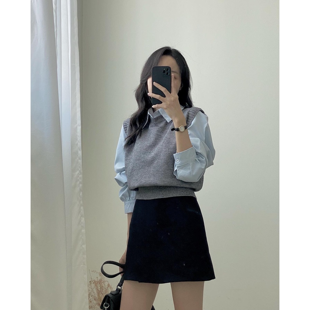 Set áo ghile len xám kèm sowmi xanh tay phồng nhẹ nhàng kiểu dáng basic ...