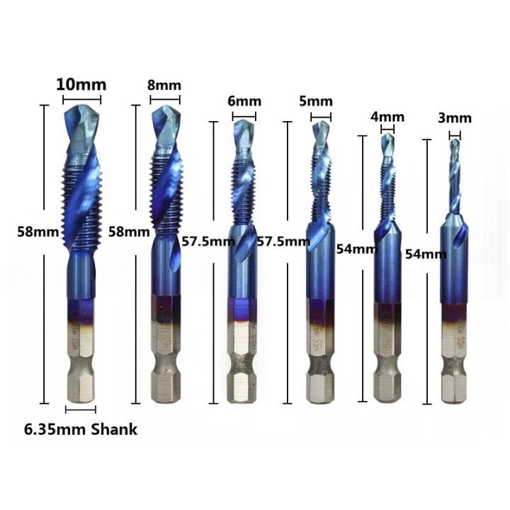 Bộ 6 mũi khoan taro ren HSS 6542 M3-M10. Bộ 6 Mũi Khoan Taro Ren Mạ TItan Thép Gió HSS Cao Cấp ...