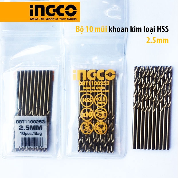 Bộ 10 mũi khoan kim loại HSS Ø 2.5mm (sắt, thép, nhôm) Ingco DBT1100253 dài mũi 57mm chiều dài ...