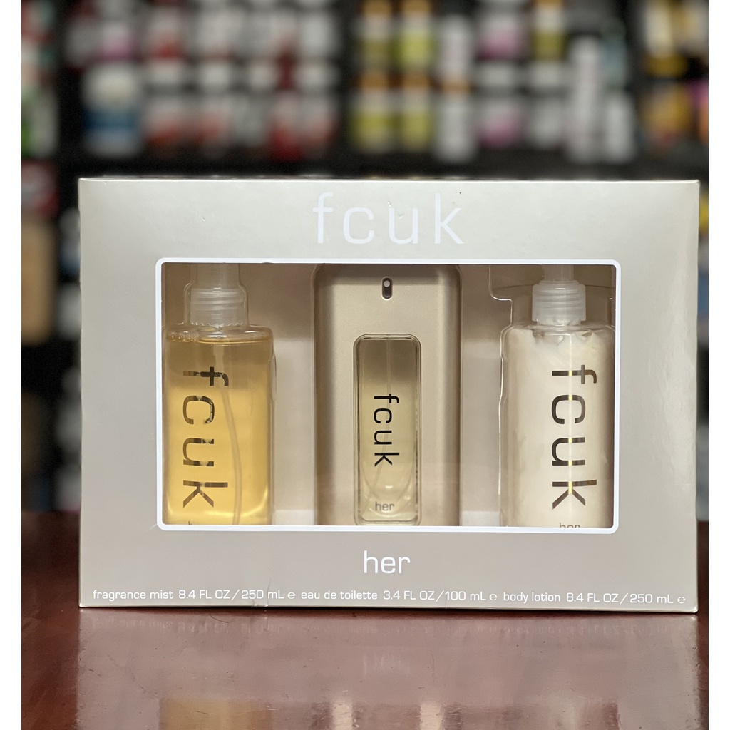 Set nước hoa Fcuk her gồm xịt body 250ml, nước hoa 100ml, lotion 250ml ...