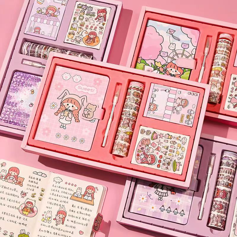 【Pw】Set Sổ tay Cute hộp quà túi gói hàng Sticker Washi Tape DIY quà ...