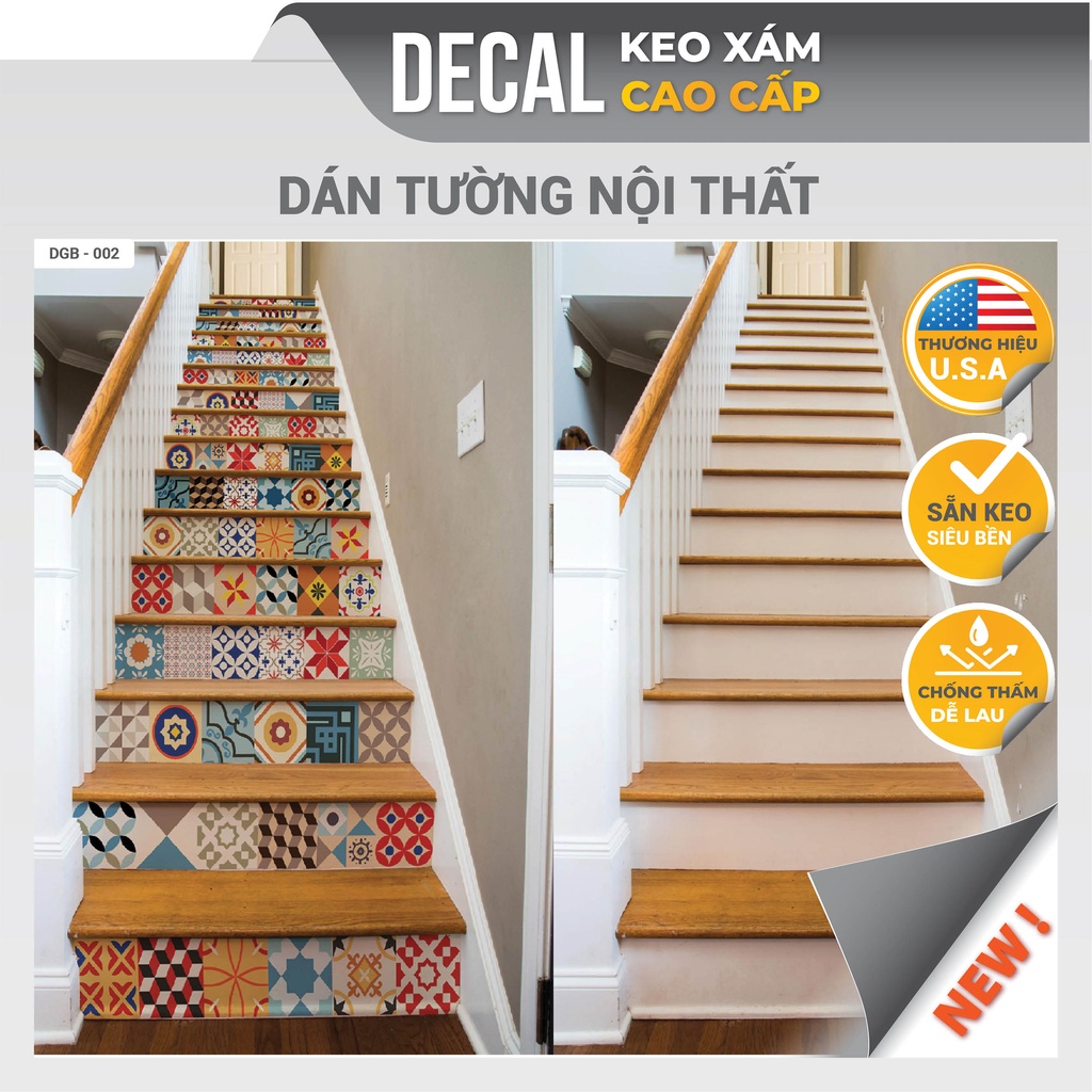 Decal dán tường Keo Xám chuyên dụng, Decal Gạch bông Vintage Hàng Cao Cấp, Chống thấm nước, kích ...