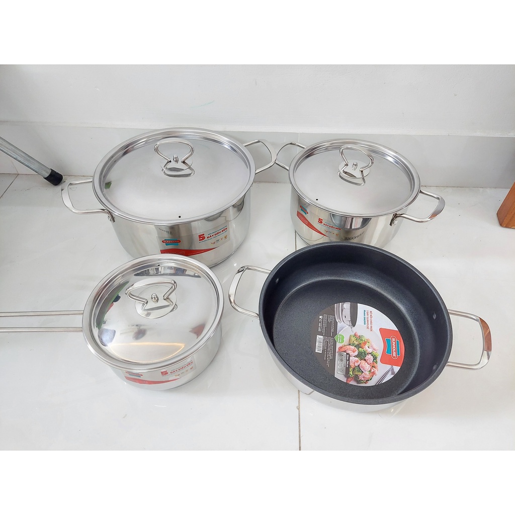 BỘ NỒI CHẢO INOX 5 ĐÁY SUNHOUSE SHG995 (nắp inox), hoặc SHG996E (nắp ...