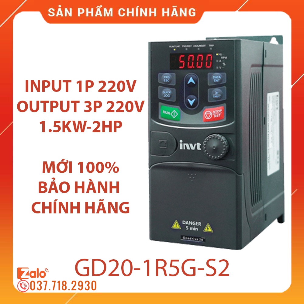Biến tần INVT vào 1 Pha 220V pha ra 3 pha 220V 2HP 1.5Kw - GD20-1R5G-S2 ...