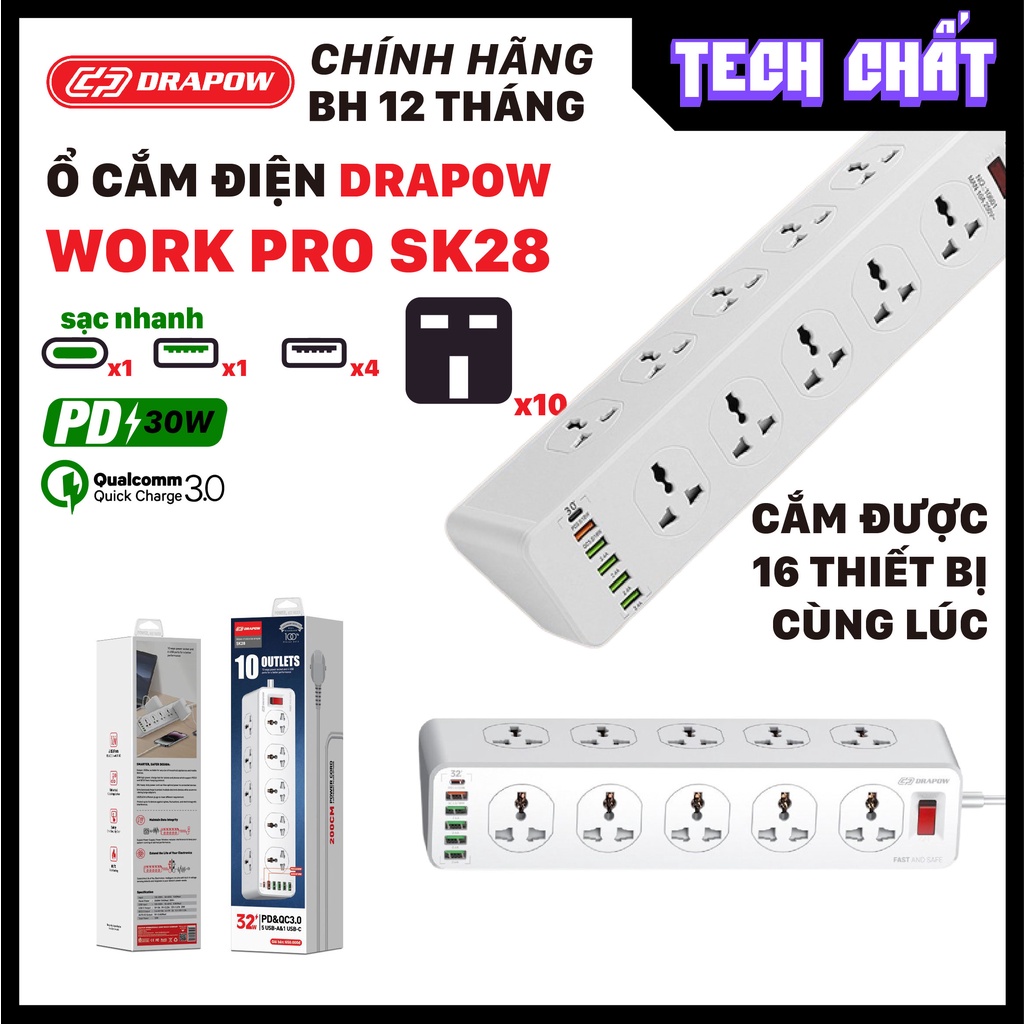 Ổ cắm điện Drapow chính hãng dây 2m sạc nhanh PD 30W Work Pro cắm 16 ...