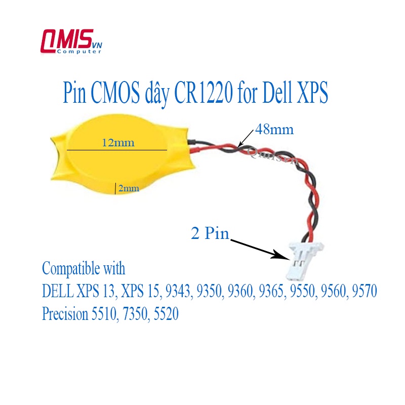 Pin CMOS dây CR1220 laptop Dell XPS 13 9343 9350 9360 9365 9370 9380 ...