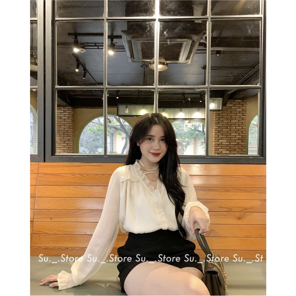 [Ảnh thật/Sẵn] Áo sơ mi voan cổ V viền bèo bo tay thắt nơ Ulzzang ...