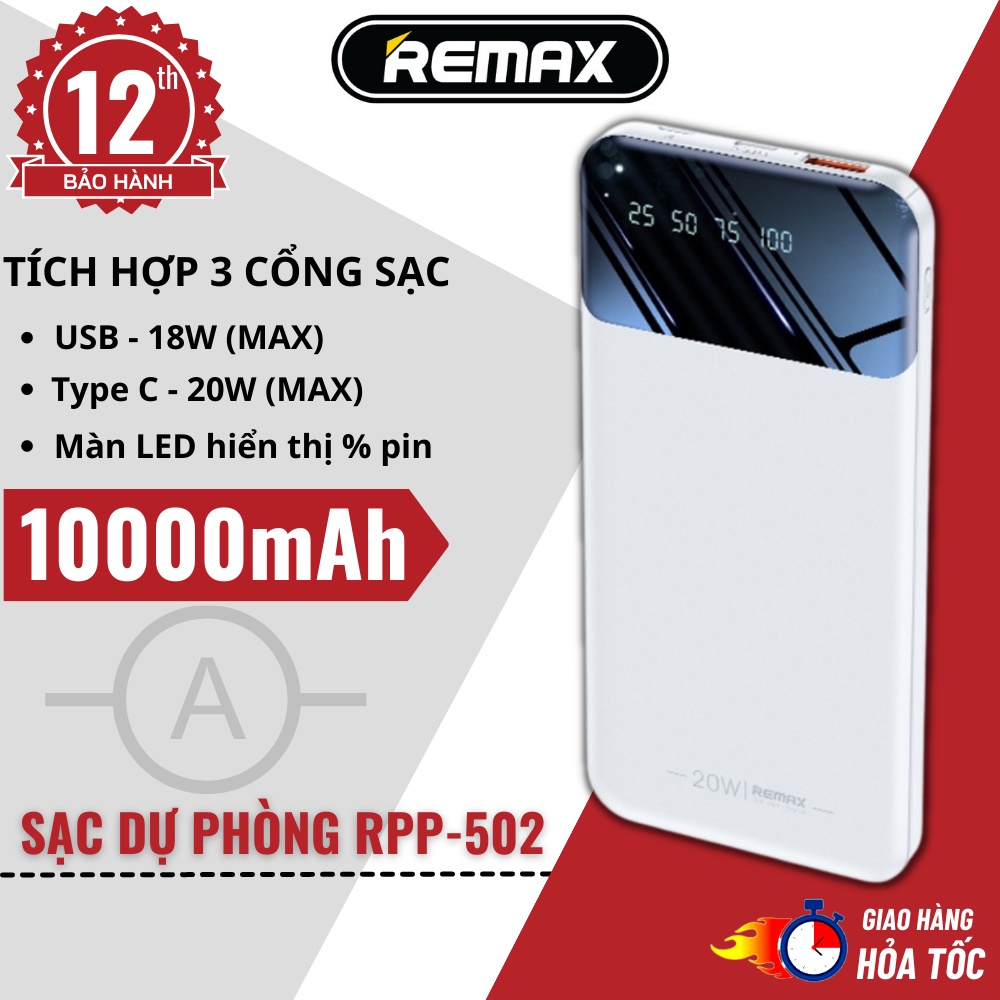 Sạc Dự Phòng 10000mAh Sạc Nhanh 20W PD , Sạc Cùng Lúc 2 Thiết Bị- Remax Việt Nam RPP-502 - Bảo ...