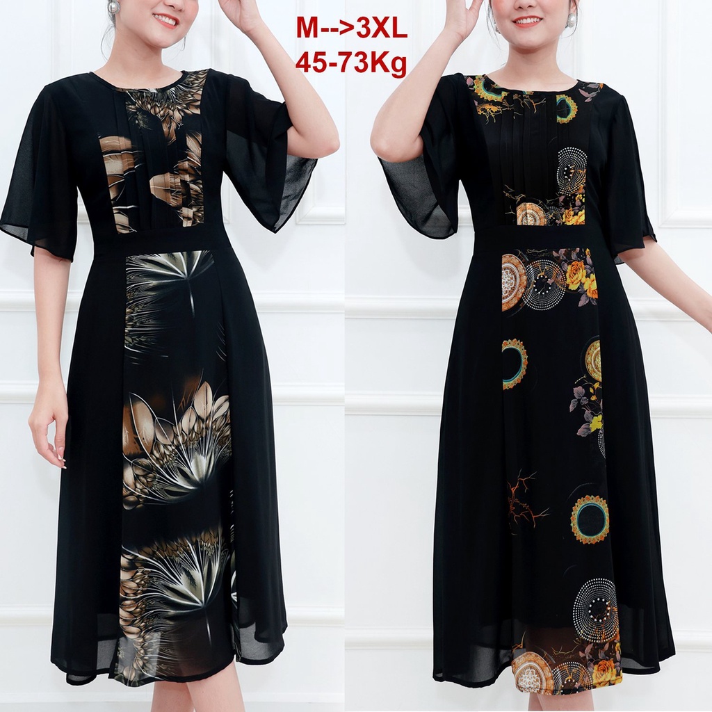 ROMI – Thời Trang Trung Niên Đầm Xoè Dành Tặng Mẹ U50 U60 Tay Loe Phối Hoạ Tiết Xếp Ly Bigsize ...