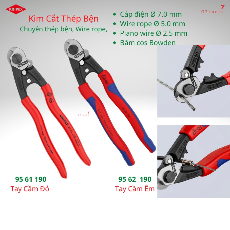 Kìm Cắt Cáp Thép Bện Ø5.0 mm, Thép Inox 2.5mm Knipex 95 62 190/ 95 61 ...