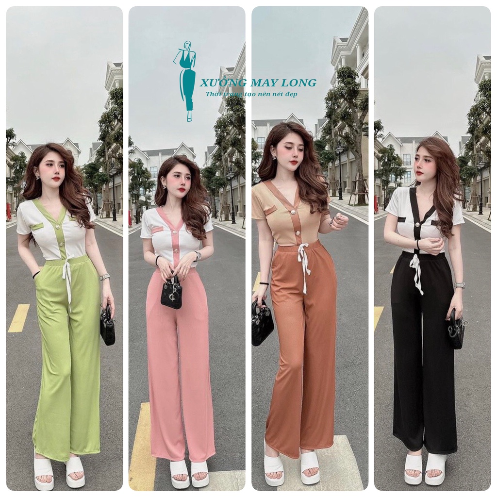 Set đồ bộ nữ cổ áo chữ V viền phối màu đính khuy set thun gân mix quần dài ống suông set ao tay ...