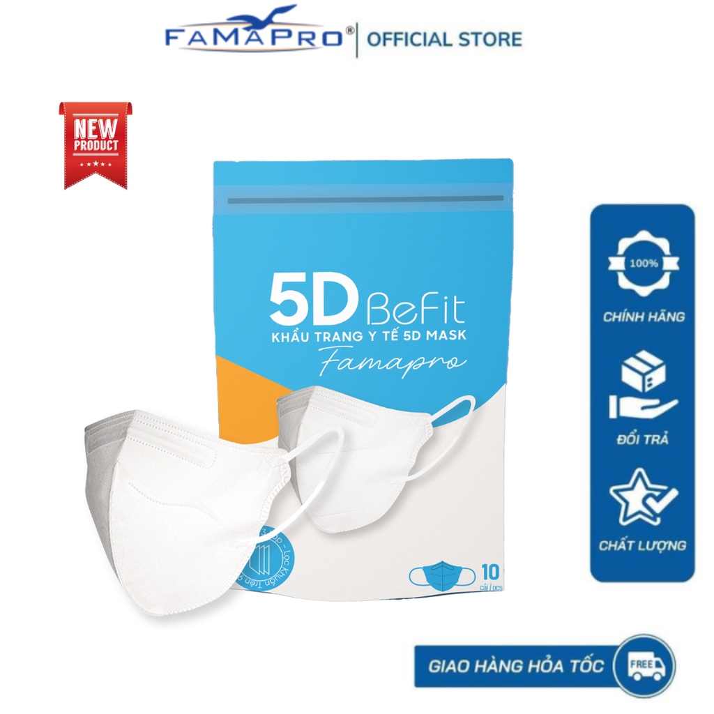 Khẩu trang y tế 3 lớp kháng khuẩn 5D mask Befit Famapro Bịch 10 cái | Shopee Việt Nam