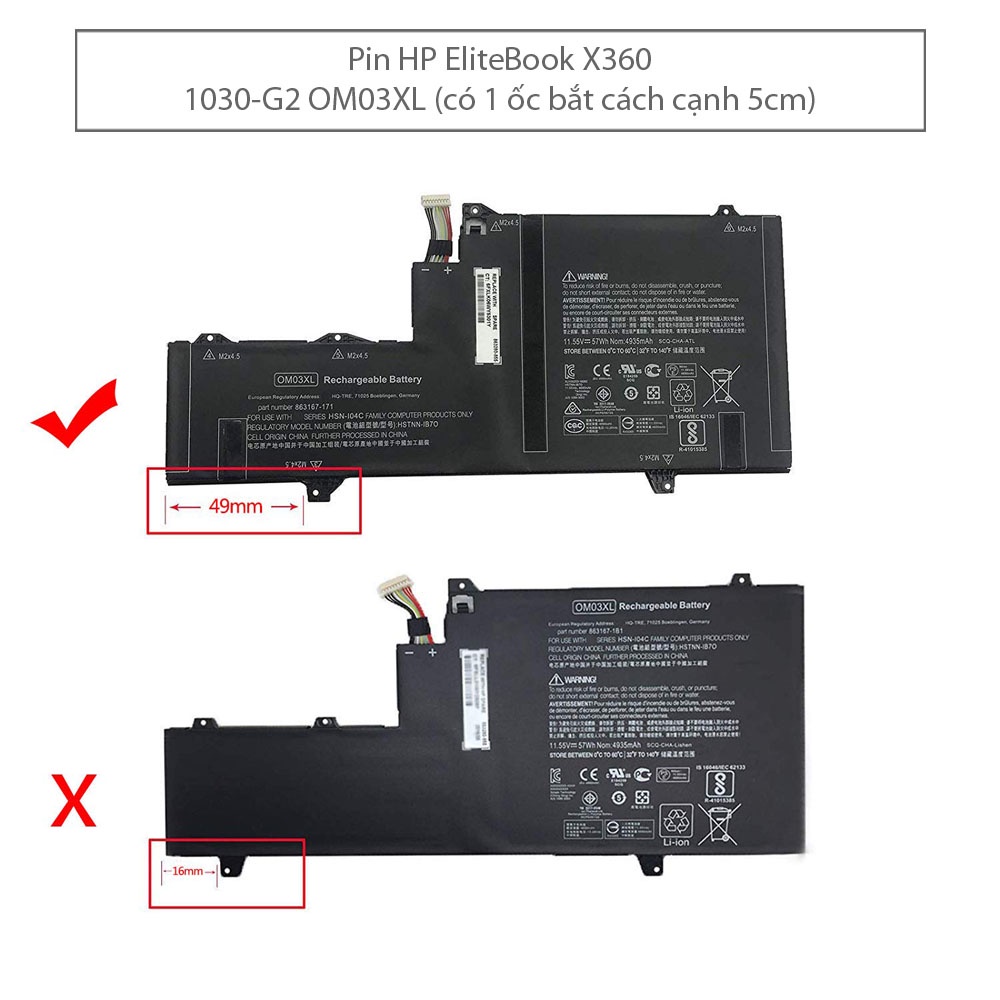 Pin ORG + HP ELI. X360 1030-G2 OM03XL 57W 11.55V Có 1 ốc bắt cách cạnh ...