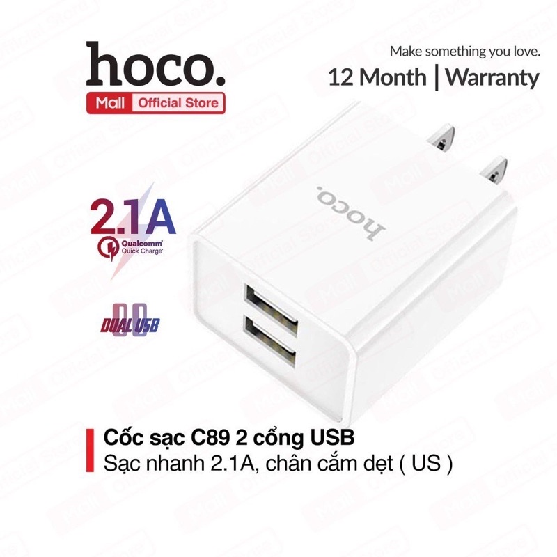 Củ sạc Hoco C89 2 cổng USB, sạc nhanh 2.1A Max, thích hợp với nhiều ...