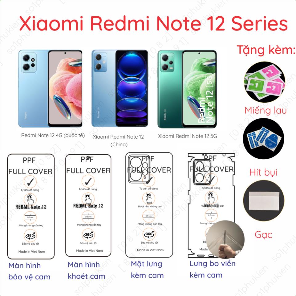 Dán PPF Xiaomi Redmi Note 12 4G (quốc tế), Note 12 5G, Note 12 China ...