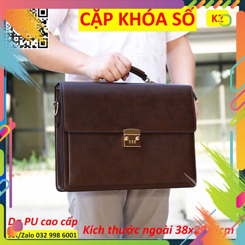 Cặp sách văn phòng Túi da khóa số bảo mật K2 nâu sần đựng laptop tuida ...
