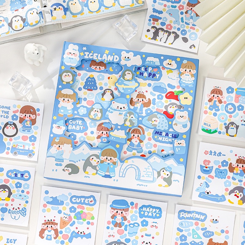 Hộp 100 tấm sticker hoạt hình màu xanh dương bản đẹp in sắc nét , cắt ...