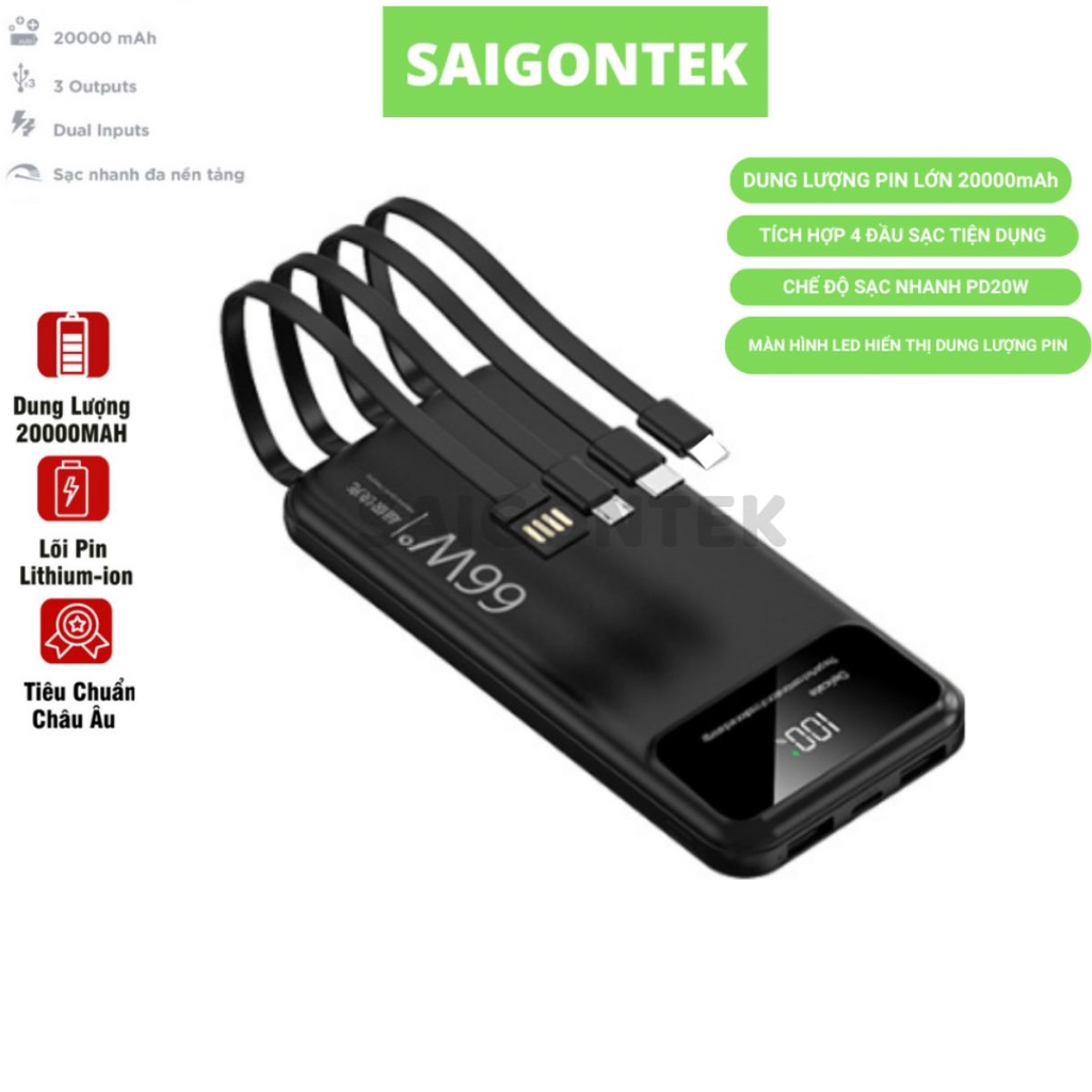 Pin sạc dự phòng 20000mAh 66W PD có tích hợp 4 đầu dây cáp cho điện thoại vô cùng tiện dụng ...