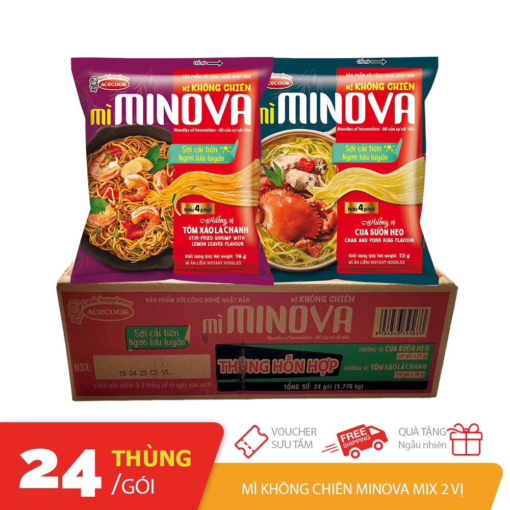 Thùng 24 gói mì không chiên MINOVA mix 2 vị cua sườn heo vị tôm xào lá ...