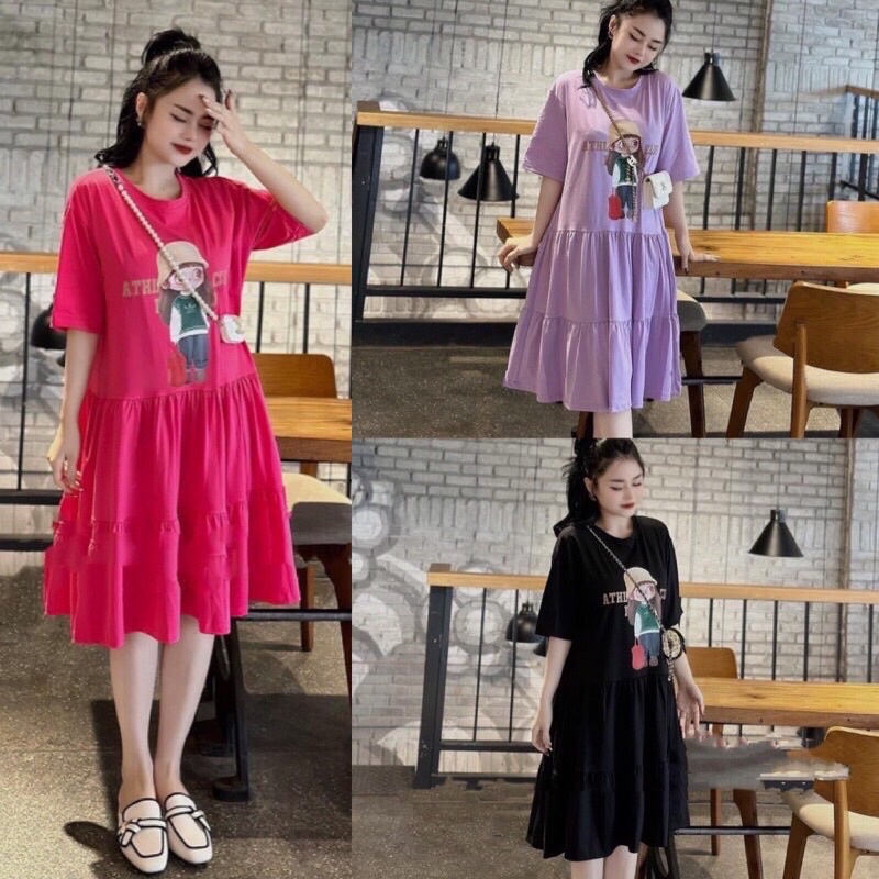 Váy bầu cộc tay dáng babydoll 3 tầng in hình cô gái thời trang, đầm bầu ...