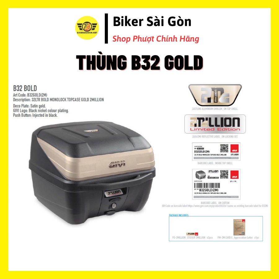 Thùng GIVI B32 GOLD Phiên Bản Giới Hạn - 32Ltr Bold Monolock Topcase Gold 2Million B32GOLD(2M ...