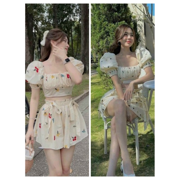 Q228 Set Bộ 2 Món Gồm Áo Croptop tay phồng Nhún Thun Sau Phối Quần Short Xinh Xắn Để Đi Biển, Đi ...