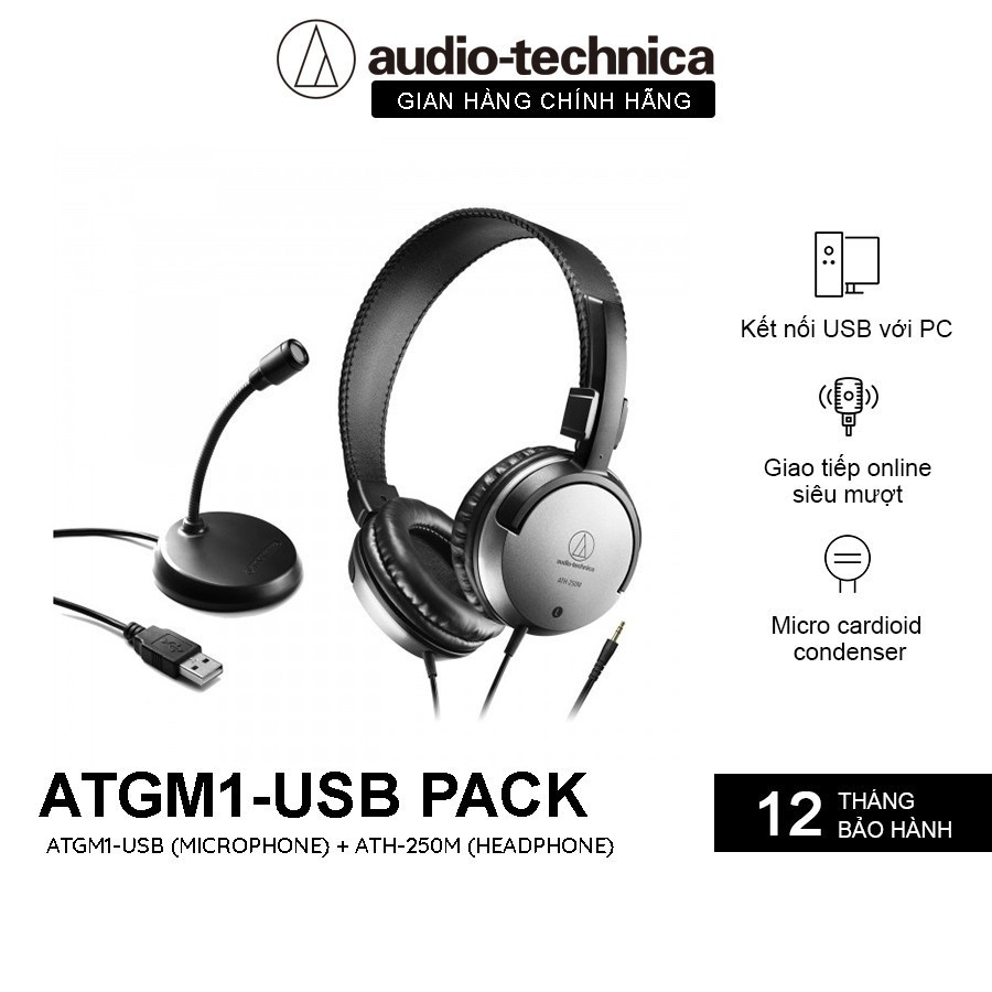 Bộ đôi tai nghe nhạc ATH-250M + Mic ATGM kết nối USB-A Audio Technica ...