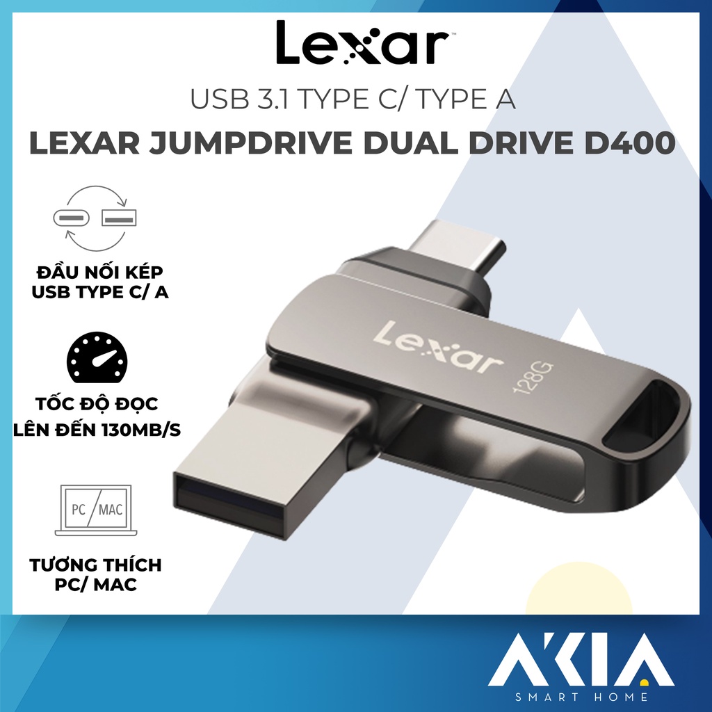 USB Lexar JumpDrive Dual Drive D400 Type-C/ Type-A - USB 3.1 64G / 128GB, tốc độ đọc 130Mb/s ...