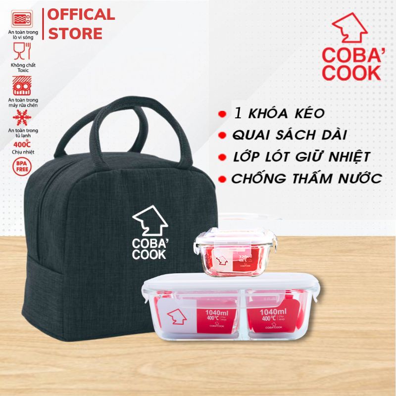 [Xả Kho] Bộ 2 Hộp Cơm Thủy Tinh COBACOOK Hộp 3 Ngăn 1040ml Hộp 320ml Kèm Túi Giữ Nhiệt ...