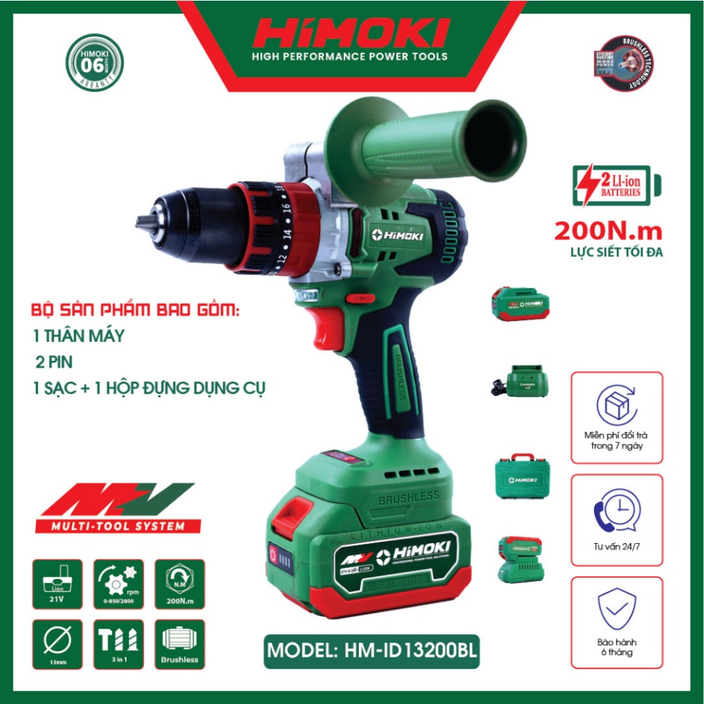 Máy Khoan Pin TOYMA - HIMOKI Không Chổi Than đầu 13mm Có Búa 3 Chức ...