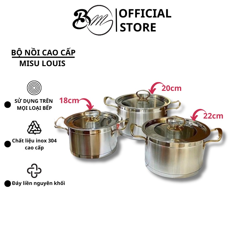 Bộ 3 Nồi Misu Louis Inox 304 Cao Cấp - Bộ Nồi Inox đáy 3 Lớp Nguyên ...