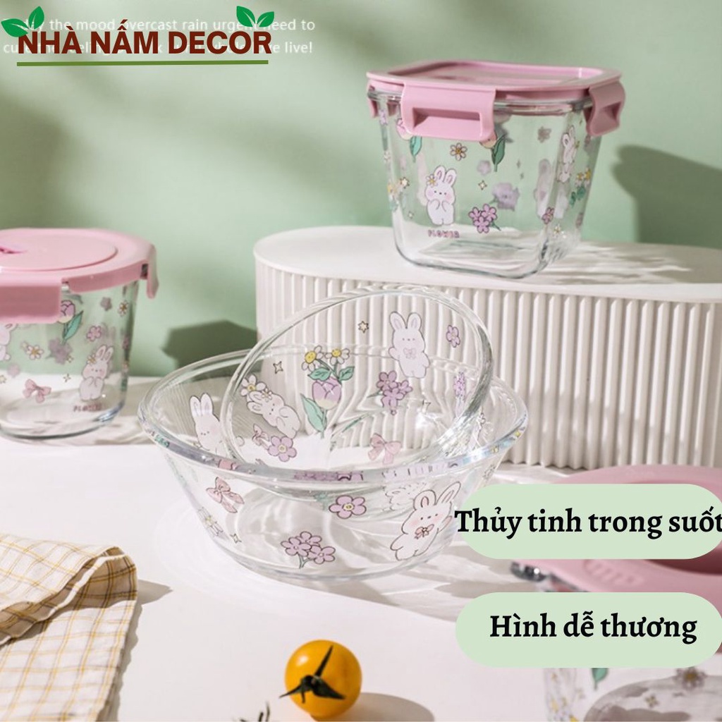 Tô thủy tinh, hũ thủy tinh đựng đồ chịu nhiệt cao Thỏ Hồng dễ thương ...