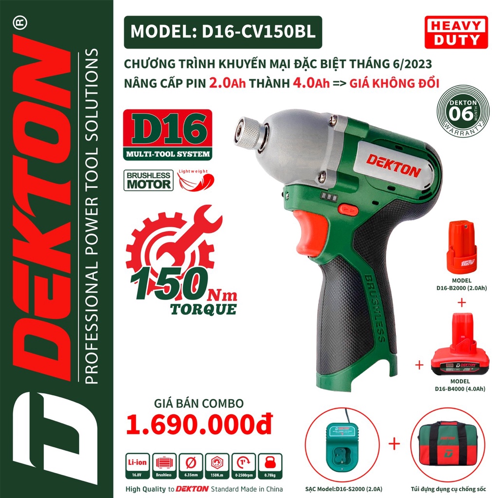 Máy Bắn Vít Dùng Pin 16,8V Dekton D16-IW200N - Motor Brushless - Lực Siết 200Nm | Shopee Việt Nam