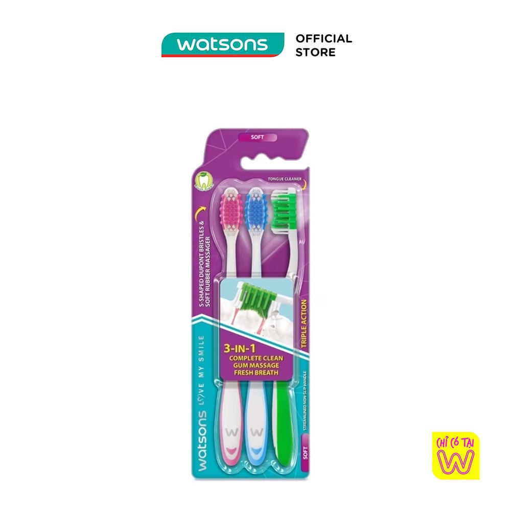 Bàn Chải Đánh Răng Watsons Triple Action Toothbrush (Soft) 3s | Shopee Việt Nam