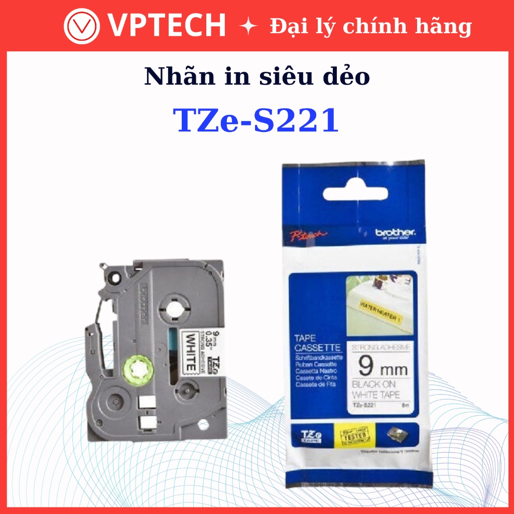 Nhãn siêu dính chống nước chịu nhiệt Brother TZE-S221 / Chữ đen, nền trắng / Khổ 9MM - Hàng ...