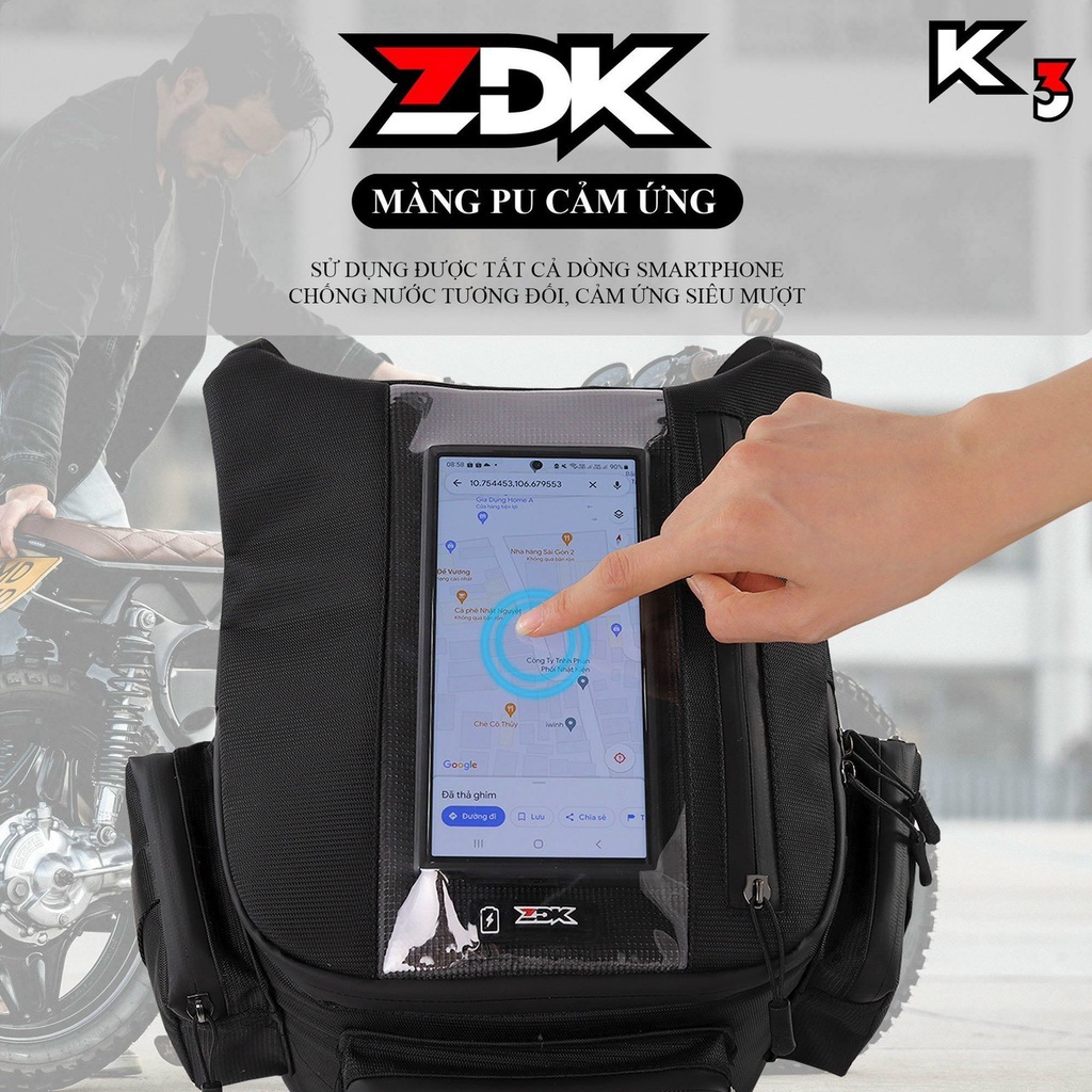 Túi treo đầu xe cao cấp ZDK K3 có cộng sạc pin - ngăn đồ mở rộng - cảm ứng nhạy chạy Grap phượt ...