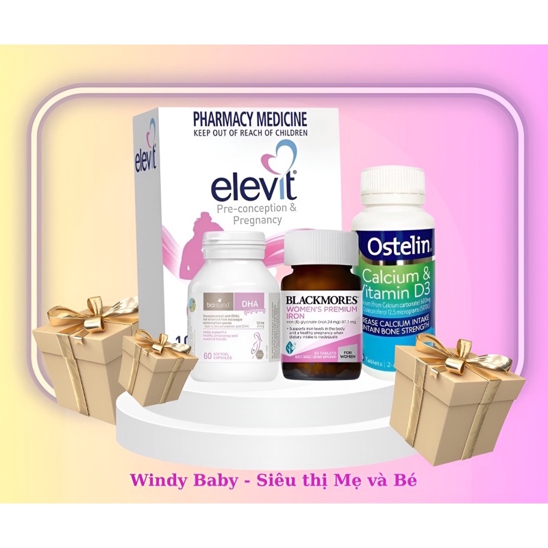 Combo bầu của Úc - Vitamin tổng hợp Elevit 100 viên, Canxi Ostelin, DHA Bioisland, Sắt ...
